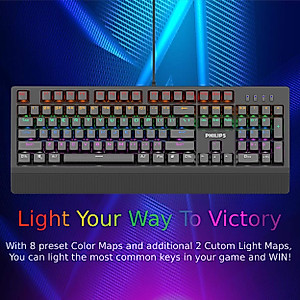 Philips Mechanical Gaming Keyboard- RGB LED Backlit Wired Keyboard with Blue Switches for Gaming, PC- Full Key N-Rollover- Anti Ghosting