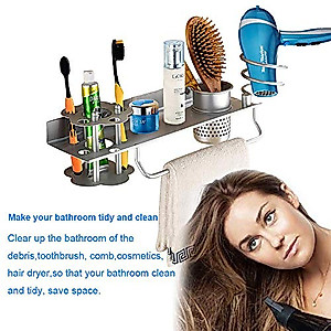 Hair Dryer Holder Wall Mount, Towel Toothbrush Toothpaste Perfume Comb Blow Dryer Holder Organizer Storage Hanging Shelf Rack Stand, Bathroom Organizer with Towel Holder, Upgrade Space Aluminum