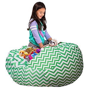 Posh Stuffable Kids Stuffed Animal Storage Bean Bag Chair Cover - Childrens Toy Organizer, X-Large 48" - Pattern Chevron Green and White