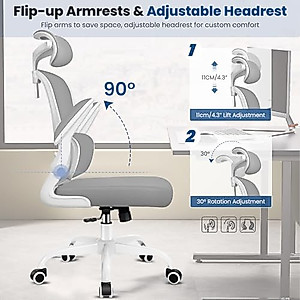 Razzor Ergonomic Office Chair, High Back Mesh Desk Chair with Lumbar Support and Adjustable Headrest, Computer Gaming Chair with Flip-up Armrests, Executive Swivel Chair for Home Office (LightGray)