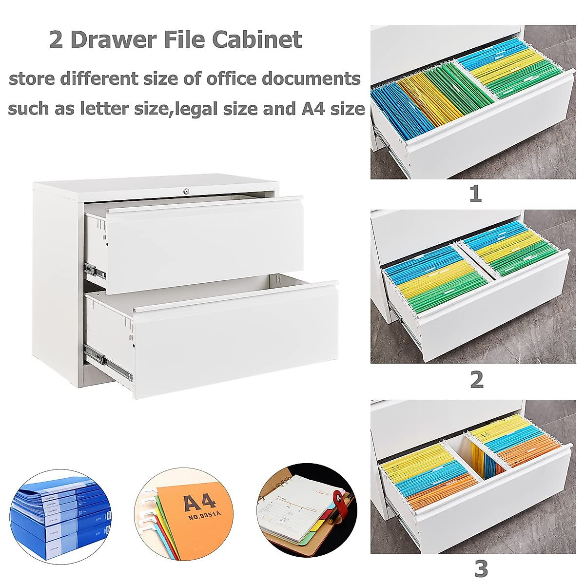 Rophefx Lateral File Cabinet 2 Drawer, Metal Storage File Cabinet with Lock, Mordern File Cabinet, Cabinet for Legal/Letter A4 Size and Office Home, Steel, White