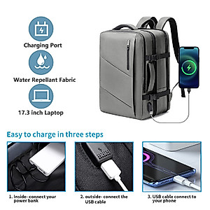 Travel Laptop Backpack, Extra Large 25-40L Expandable Carry On Backpack for Women Men with USB Charging Port, Water Resistant Luggage Computer Backpacks Bag Fits 17.3 Inch Laptop and Notebook,Grey