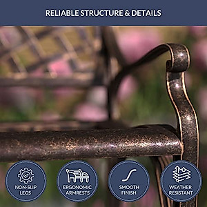 BELLEZE Patio Outdoor Garden Bench, 40 inch Cast Aluminum Loveseat Chairs with Armrests for Park, Yard, Porch, Lawn, Balcony, Backyard, Antique Seat Furniture, Bronze