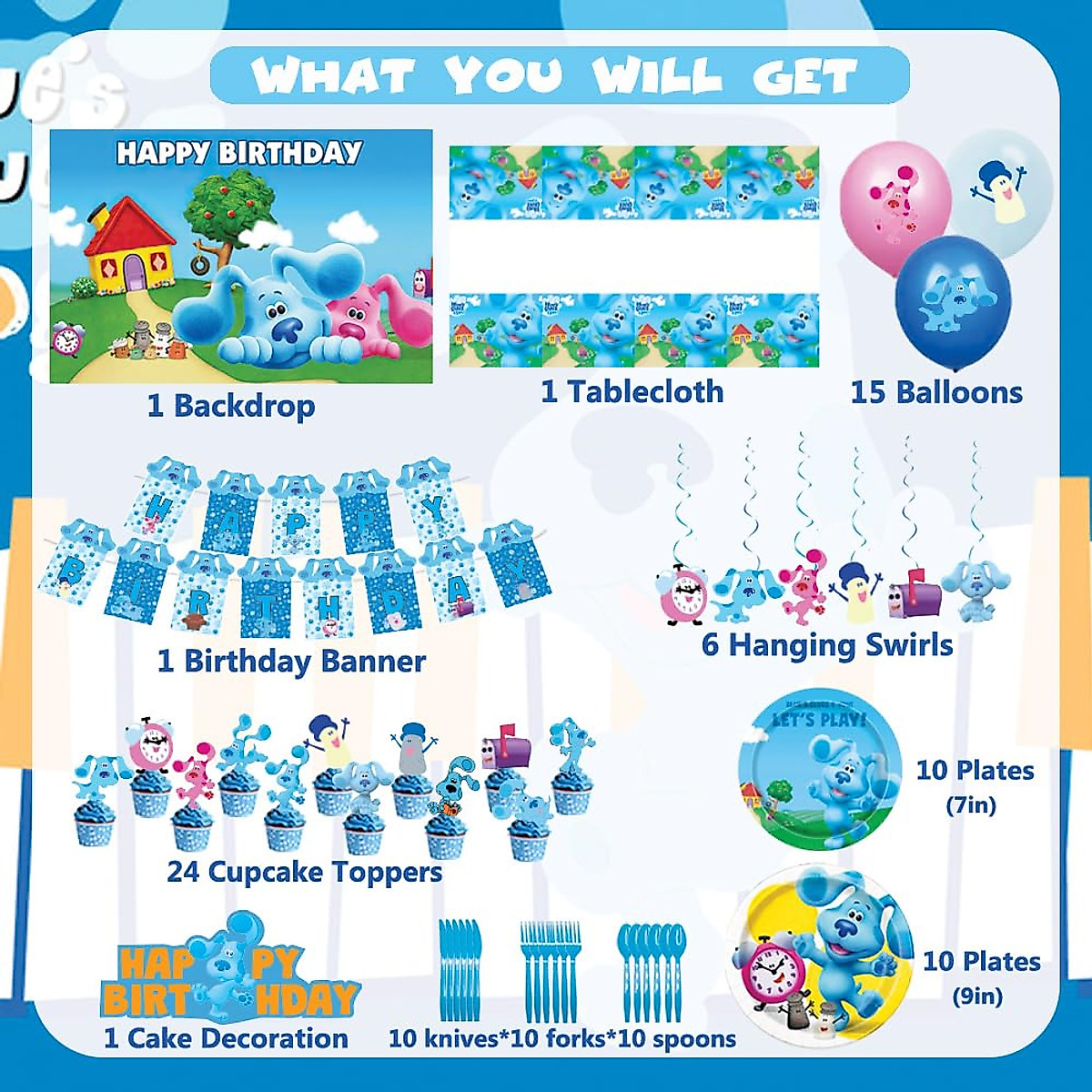 Blues Birthday Party Supplies Decorations, Include Banner, Balloons, Hanging Swirls, Backdrop, Tablecloth, Cake Topper, Plates, Knives, Forks, Spoons for Blues Themed Party
