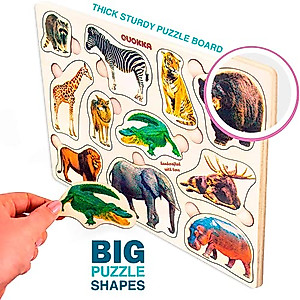 Wooden Puzzles for Toddlers 1-3 – 3 Toddler Puzzles Ages 2-4 by QUOKKA – Montessori Animal Toy Puzzles for Kids Ages 3-5 Year Old – Wood Toy Learning Realistic Animals for Boy and Girl