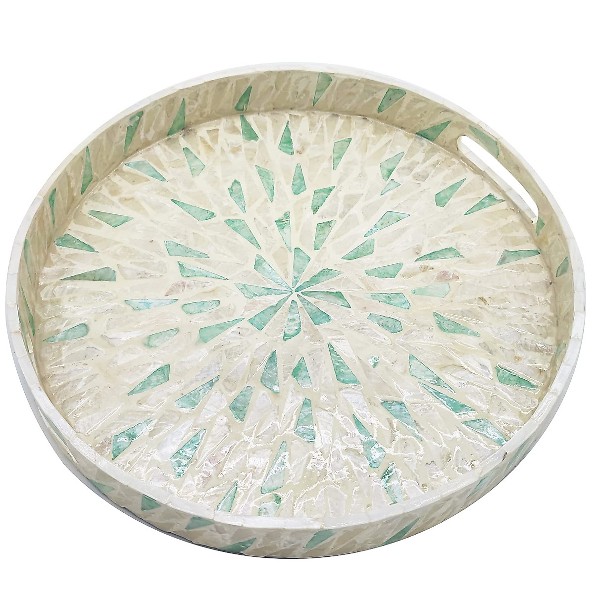 I-lan 12 Inch Round Beige Blue Mother of Pearl Severing Tray with Handle and 2 Inch Side, Lacquer Wooden Shell Decorative Tray, Gorgeous Inlay Nacre Ottoman Tray for Food, Breakfast, Coffee Table, S