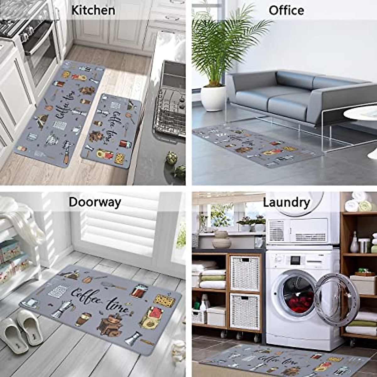 Alishomtll 2 PCS Kitchen Rugs and Mats,Cushioned Anti-Fatigue Kitchen Rugs, Waterproof Non-Slip Kitchen Mats, Washable Coffee Time Kitchen Mats for Floor Kitchen Laundry Office (17.3"x30"+17.3"x47")