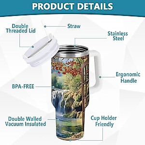 Jihqo Waterfall Forest Seen From Window 40 oz Stainless Steel Vacuum Insulated Tumbler with Handle and Straw Lid, Leakproof Water Bottle Double Wall Travel Mug Coffee Cup, Cupholder Friendly