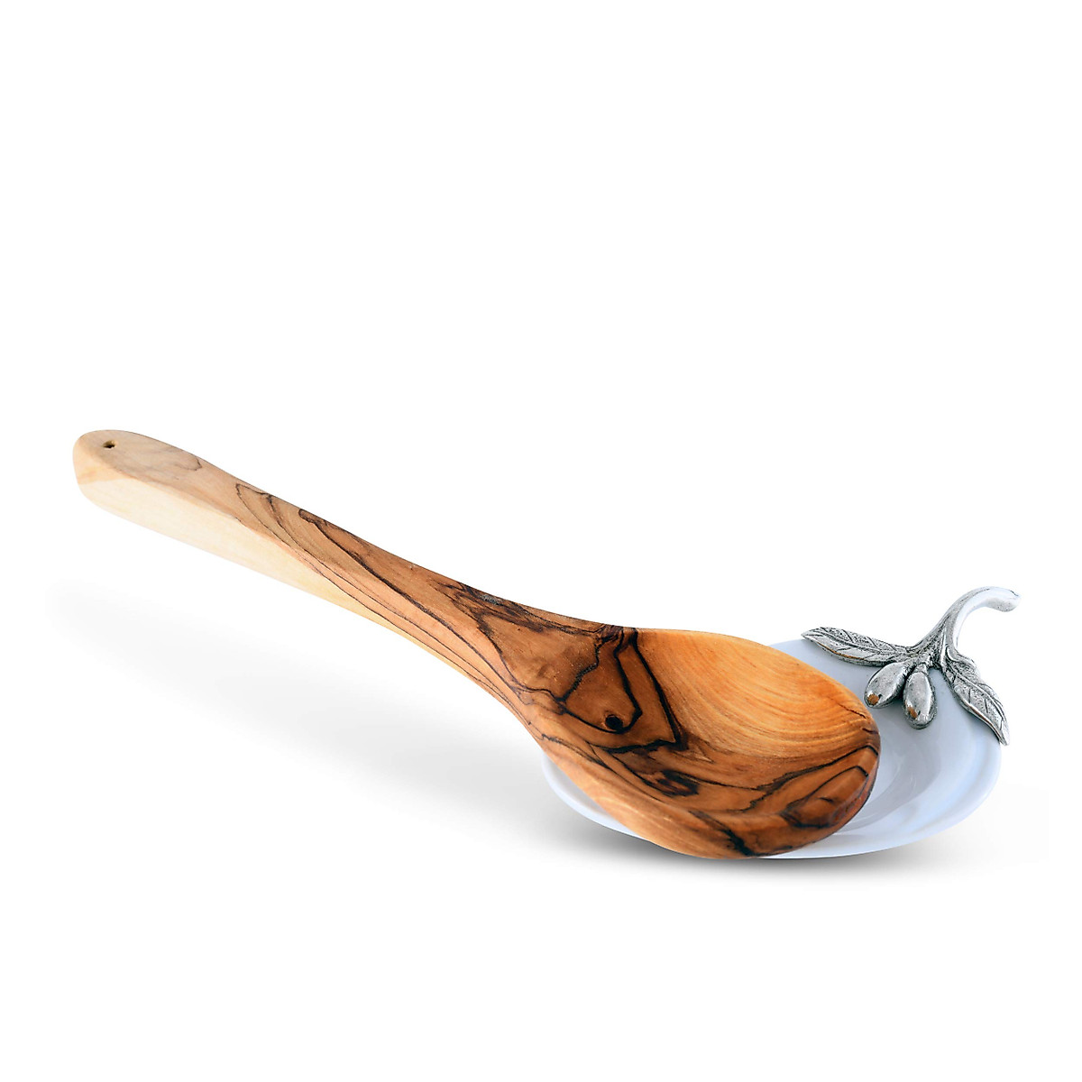 Vagabond House Porcelain Olive/Jam/Oil/Vinegar Server and Spoon Rest with Solid Pewter "Olive Branch" Accent 4.5 inch Long x 2.5 inch Wide