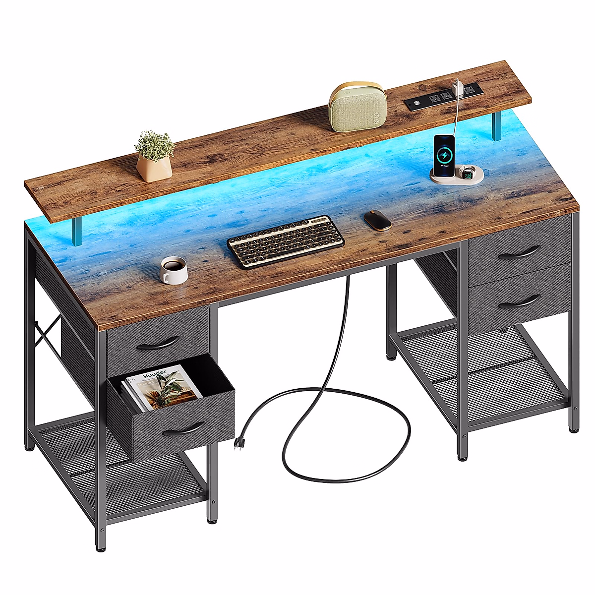 Huuger 55 inch Computer Desk with 4 Drawers, Gaming Desk with LED Lights & Power Outlets, Home Office Desk with Large Storage Space for Bedroom, Work from Home, Rustic Brown