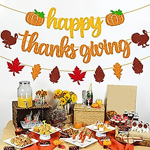Happy Thanks Giving Banner Fall Leaves Garland Thanksgiving Day Autumn Turkey Theme for Happy Thanksgiving Party Glitter Gold Decoration