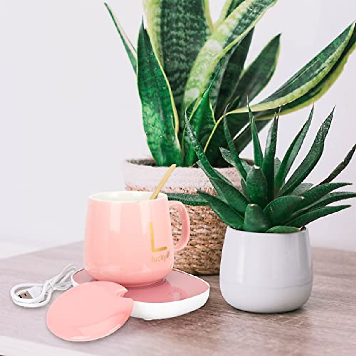 LIFKOME Coffee Mug Warmer with Mug Set Coffee Cup Warmer USB Heating Water Cup Drinking Cup Coffee Cup Mug Warmer for Desk with Auto Shut Off-with Gift Box