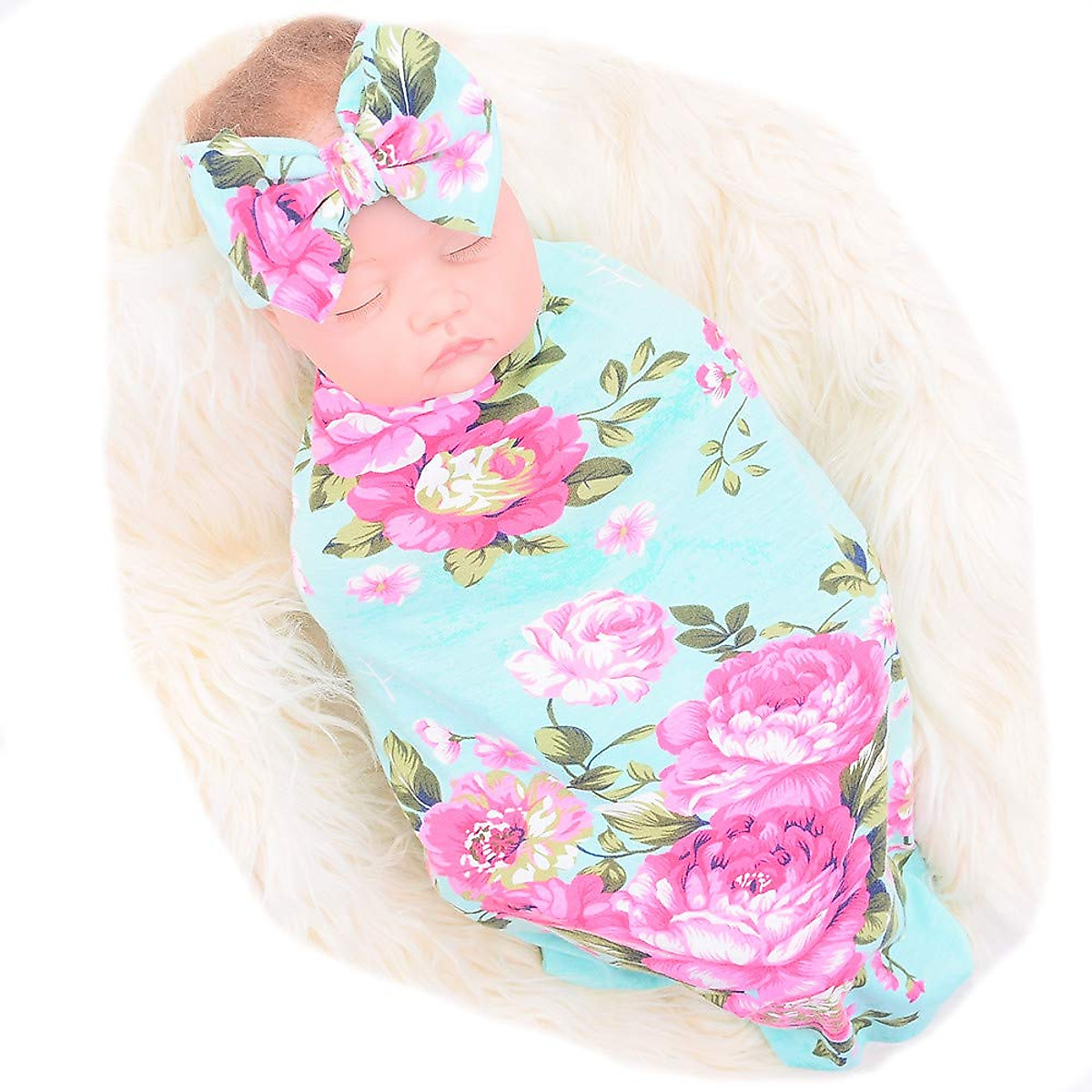 Galabloomer Receiving Blanket Headband Set Flower Print Baby Swaddle Receiving Blankets