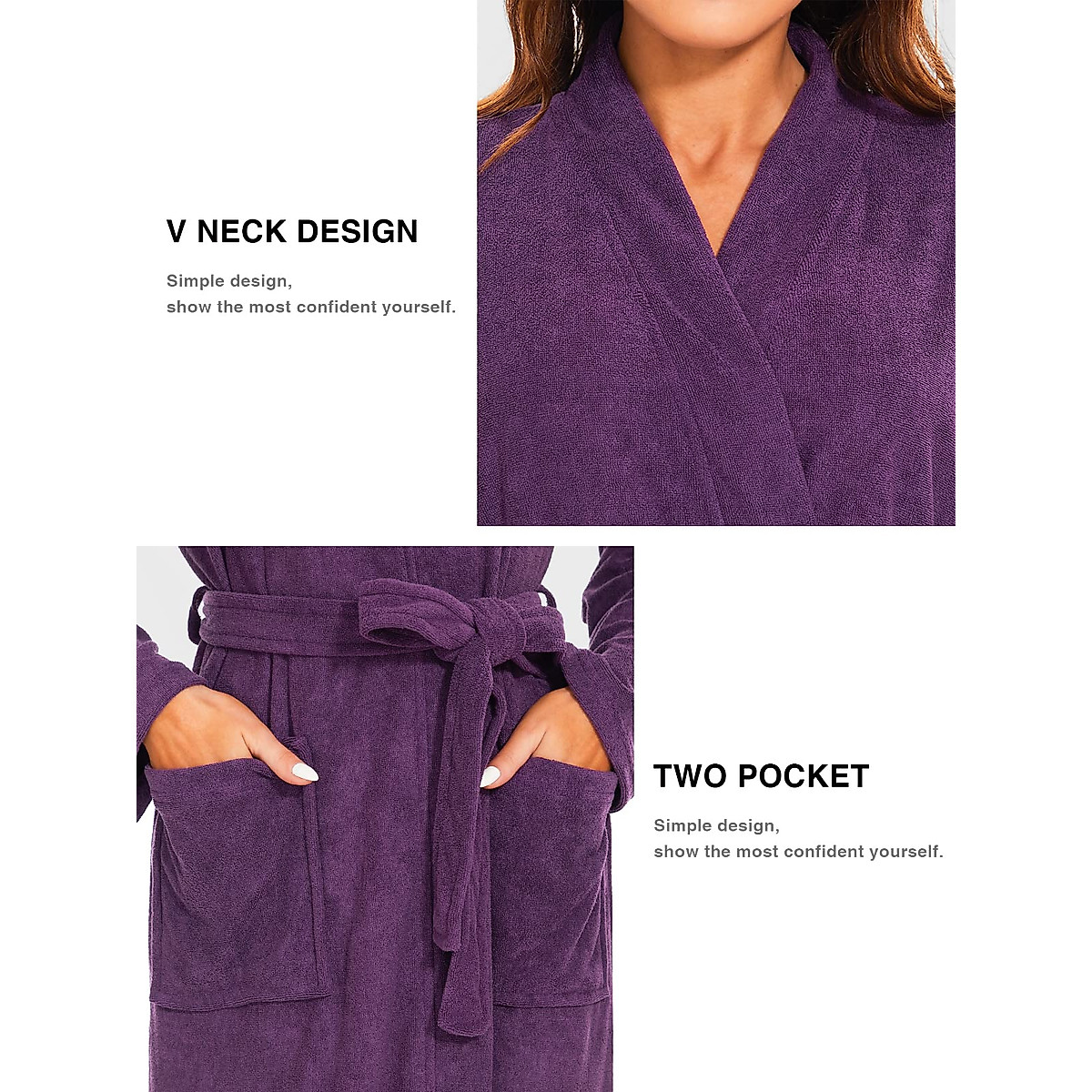 Knuffnee Women Bath Robes Terry Cloth Towel Robe Knee Length Bathrobe with Pockets Purple L