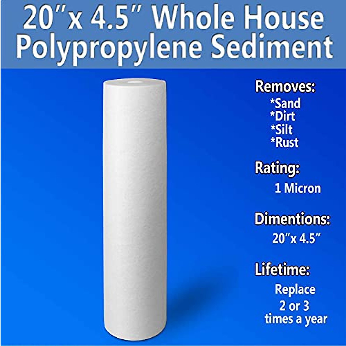 Big Sediment Replacement Water Filters 1 Micron 4.5"x 20" Cartridges by Ronaqua WELL-MATCHED with 155358-43, 2PP20BB1M, AP810-2, FPMB-BB5-20, FP25B, P5-20BB, SDC-45-2005 (2 Pack, 20")