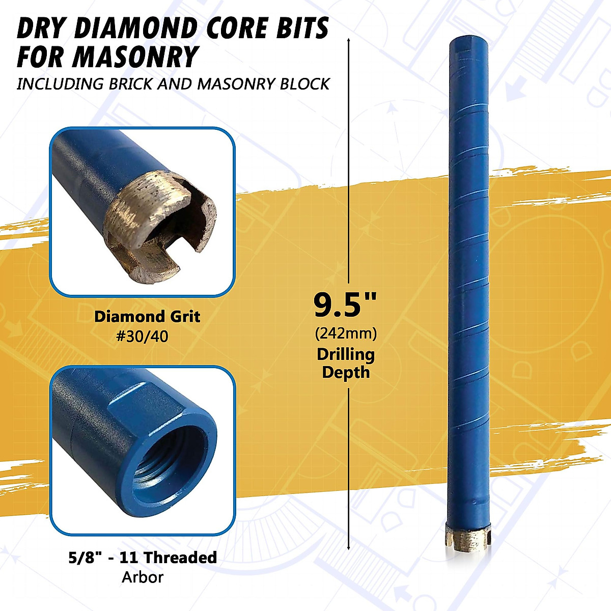 1-1/2" Dry Diamond Core Drill Bits for Brick, Block or Masonry, 9.5" Drilling Depth, 5/8"-11 Arbor