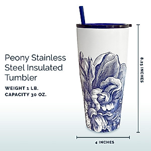Caskata Peony Stainless Steel Insulated Tumbler | Floral Cup, Lid & Straw Set for Travel, Commuting, & School | Perfect for Birthday, Christmas & Holiday Gifts | Blue on White Color | 30 oz