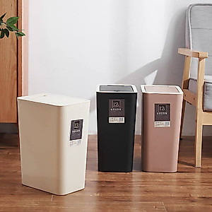 Garbage Container Bin for Bathroom, 3.2 Gallon Slim Trash Can with Press top, Plastic Trash can for Narrow Space, Kitchen, Living Room, Office (Beige)