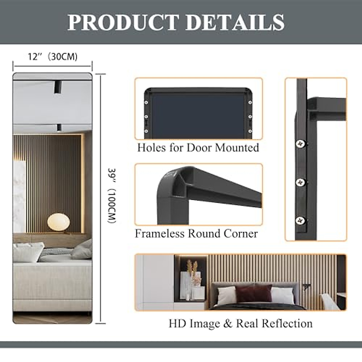 LVZORY Wall Mounted Full Length Mirror, 39"x12" Over The Door, Body Mirror for Bedroom (Black)