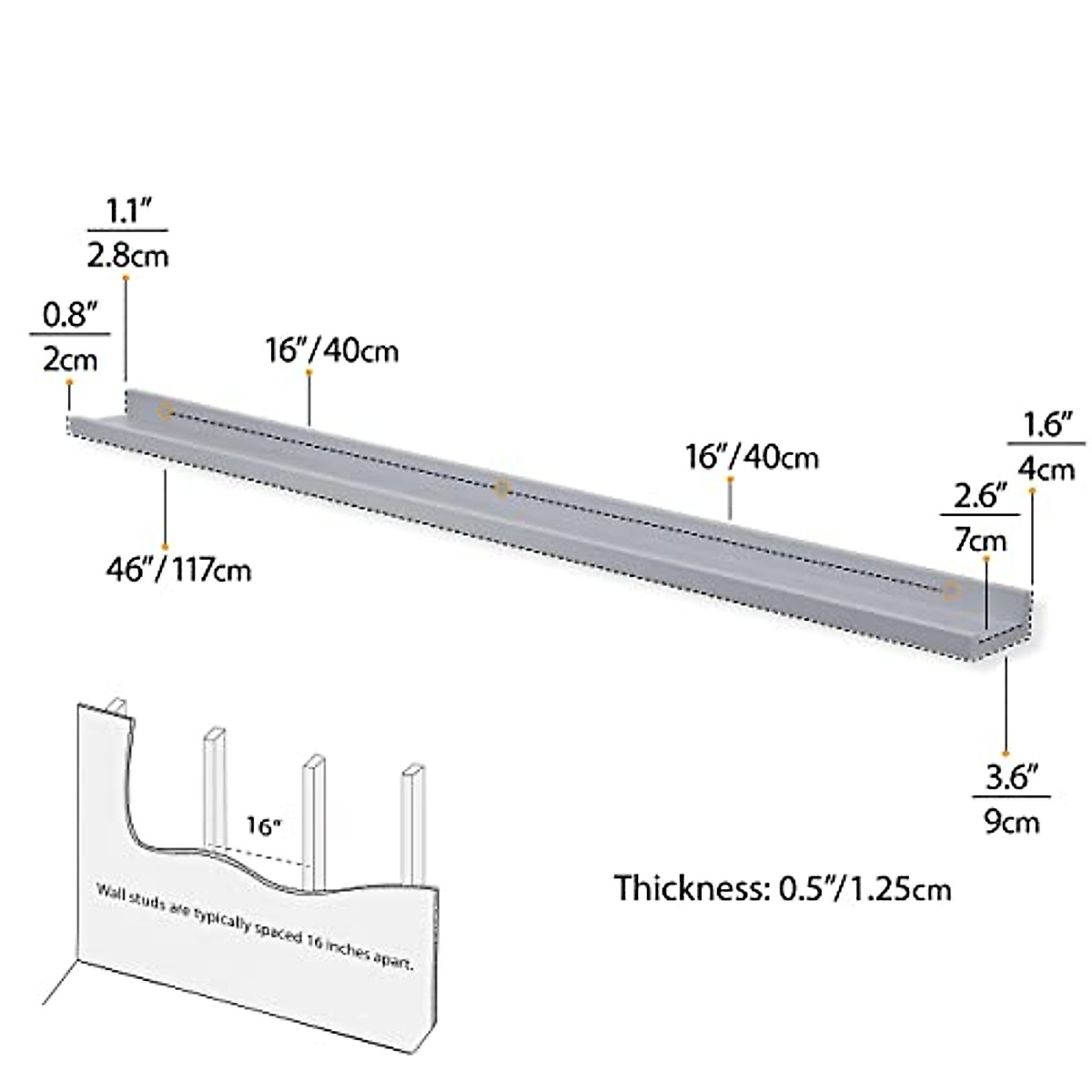 Wallniture Denver 46" Long Wall Shelf for Picture Frames, Floating Shelves for Living Room Decor, Picture Ledge Shelf for Wall Collage Gray Floating Shelf for Room Decor, Wall Bookshelf