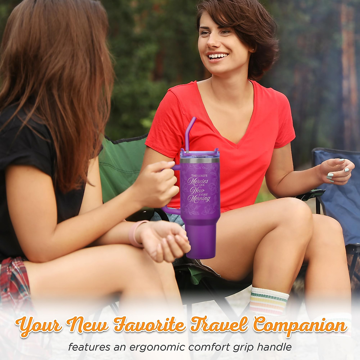 Christian Art Gifts Extra Large Inspirational Scripture Engraved Insulated Stainless Steel Travel Tumbler for Women: Mercies Are New Twist Dial Lid, Reusable Straw & Silicone Tip, Purple Floral, 40 oz