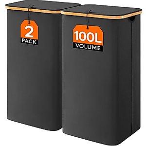 Lifewit 100L Laundry Basket with Lid, Clothes Hampers for Laundry with Bamboo Handles and A Removable Laundry Bag, Large Foldable Laundry Hamper for Bedroom, Bathroom, Dorm, Black, 2 Pack
