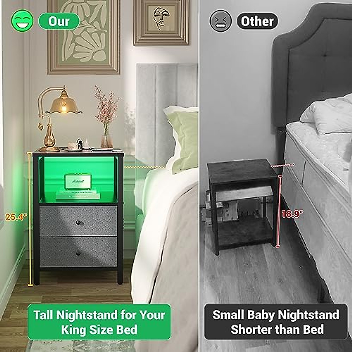 Cyclysio Night Stands Set of 2 with Charging Station, Night Stand with LED Lights, 25.6'' End Table Bedside Tables with 2 Drawers, 3 Tier Tall Night Stand with Storage for Bedroom Living Room, Black