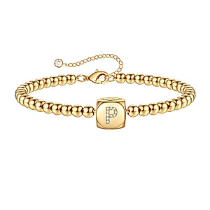 Yoosteel Gold Initial Bead Bracelets for Women Trendy, 14K Gold Filled Cute P Letter Bracelet Personalized Gold Jewelry Gold Bead Bracelets for Women Friends Bridesmaids Gold Jewelry Gifts for Women