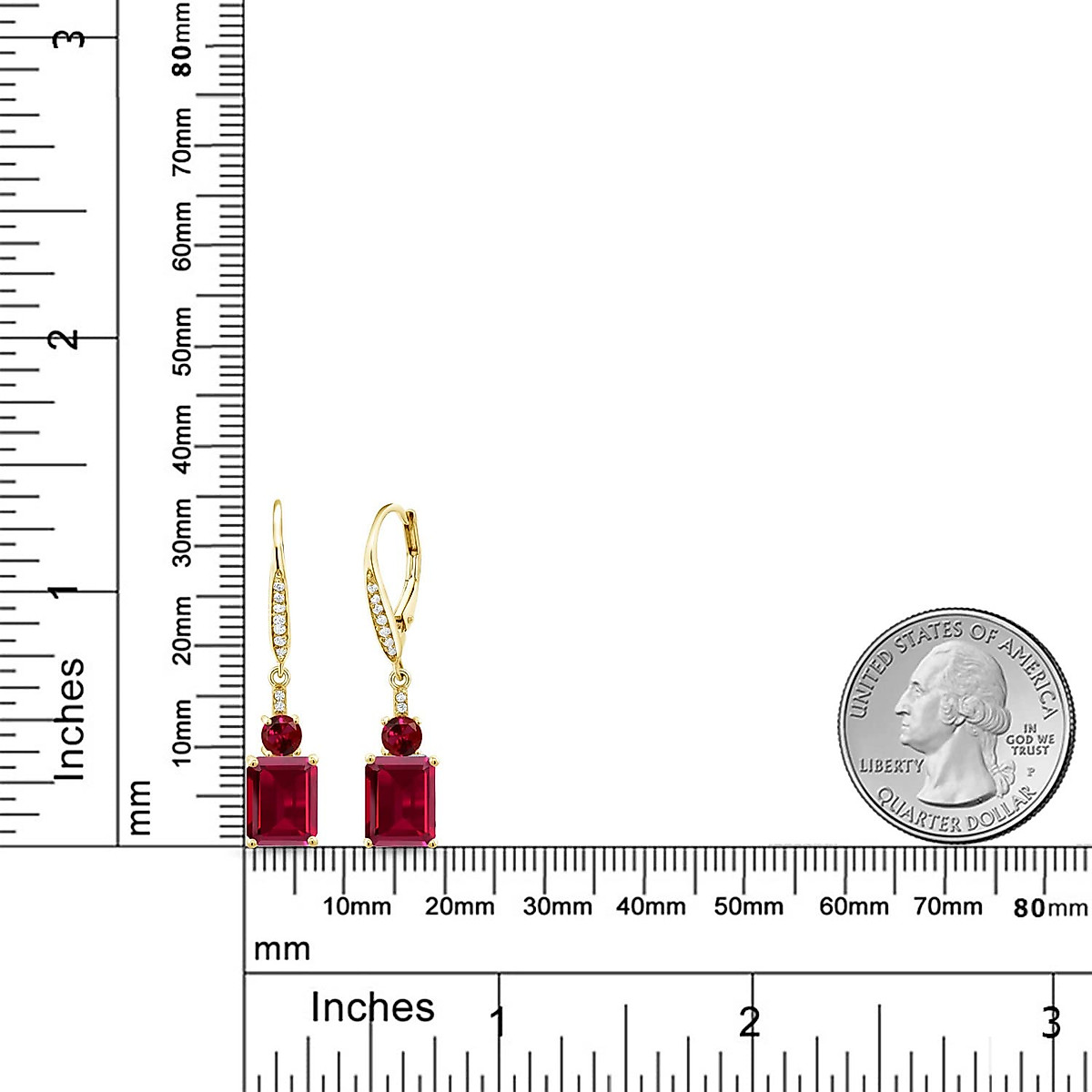 Gem Stone King 18K Yellow Gold Plated Silver Red Created Ruby Dangle Earrings For Women (6.10 Cttw, Gemstone July Birthstone, Emerald Cut 9X7MM)