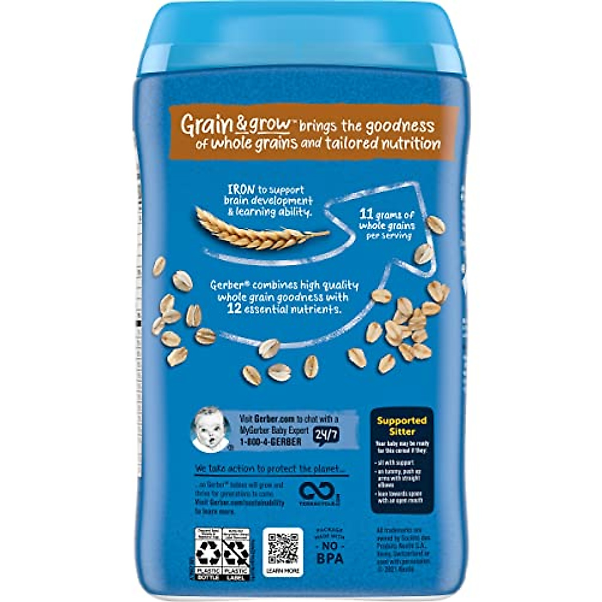 Gerber Cereal for Baby 1st Foods Grain & Grow Cereal, Oatmeal Cereal, Made with Whole Grains & Essential Nutrients, Non-GMO, 16-Ounce Canister (Pack of 3)