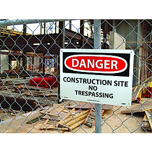 NMC D248RB DANGER - CONSTRUCTION SITE NO TRESPASSING Sign - 14 in. x 10 in. Rigid Plastic Danger Signage, Black/White Text on White/Red Base