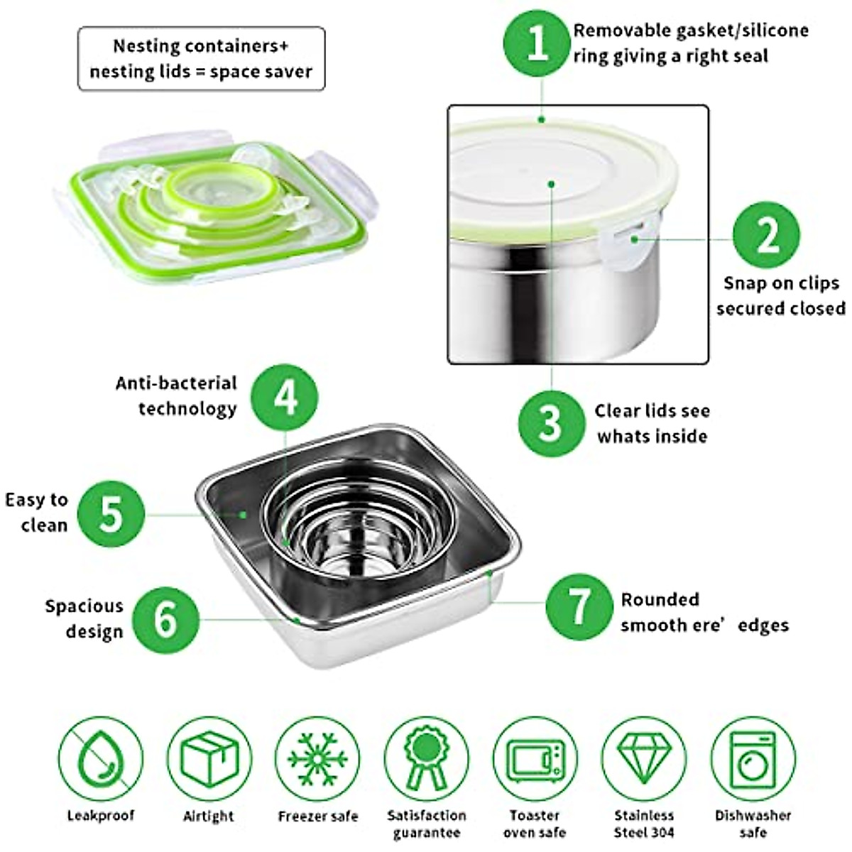 JUANALINE Stainless Steel Food Containers/Bento Lunch Box/Food Storage-Set of 4, 120ML,300ML, 600ML and 1.2L, Leakproof, BPA Free, Portion Control, LT. Green