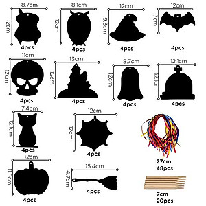 KINBOM 48pcs Halloween Scratch Paper Rainbow Scratch Paper with 12pcs Wooden Styluses and 48pcs Ribbons for Halloween Theme Decor, Various Art&Crafts, Parties Supplies