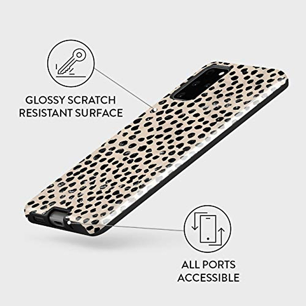 BURGA Phone Case Compatible with Samsung Galaxy S20 Plus - Hybrid 2-Layer Hard Shell + Silicone Protective Case -Black Polka Dots Pattern Nude Almond Latte - Scratch-Resistant Shockproof Cover