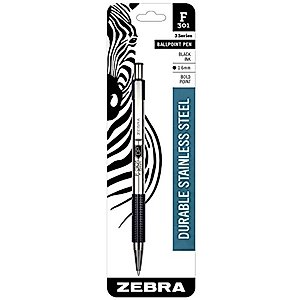 Zebra Pen F-301 Retractable Ballpoint Pen, Stainless Steel Barrel, Bold Point, 1.6mm, Black Ink, 1-Pack
