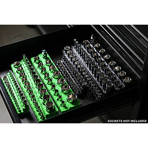 ARES 60160-6-Piece Magnetic Socket Organizers - Metric and SAE Set Black and Green -1/4 in, 3/8 in, 1/2 in Socket Holders -143 Pieces of Standard (Shallow) and Deep Sockets -Organize Your Tool Box