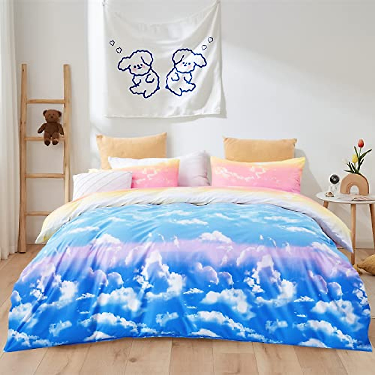 HYPREST Rainbow Duvet Cover Set Queen Size, Ultra Soft Aesthetic Comforter Cover Pink Bedding Set with Zipper and Corner Ties, Oeko-TEX Certificated