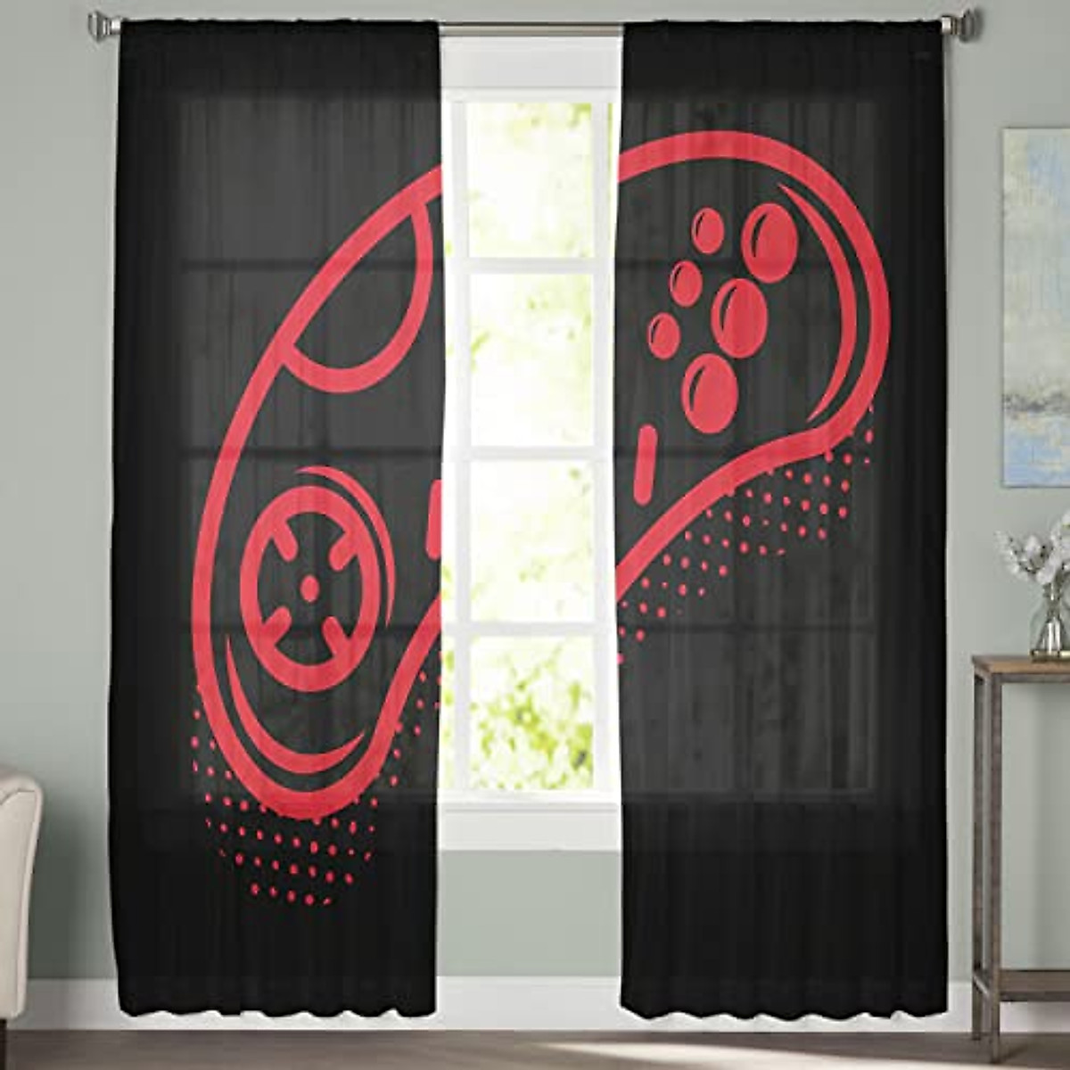 Video Game Window Semi Sheer Curtains for Bedroom Living Room, Red Gamepad Games Controller Gamer Black Rod Pocket Chiffon Voile Sheer Drapes Curtain