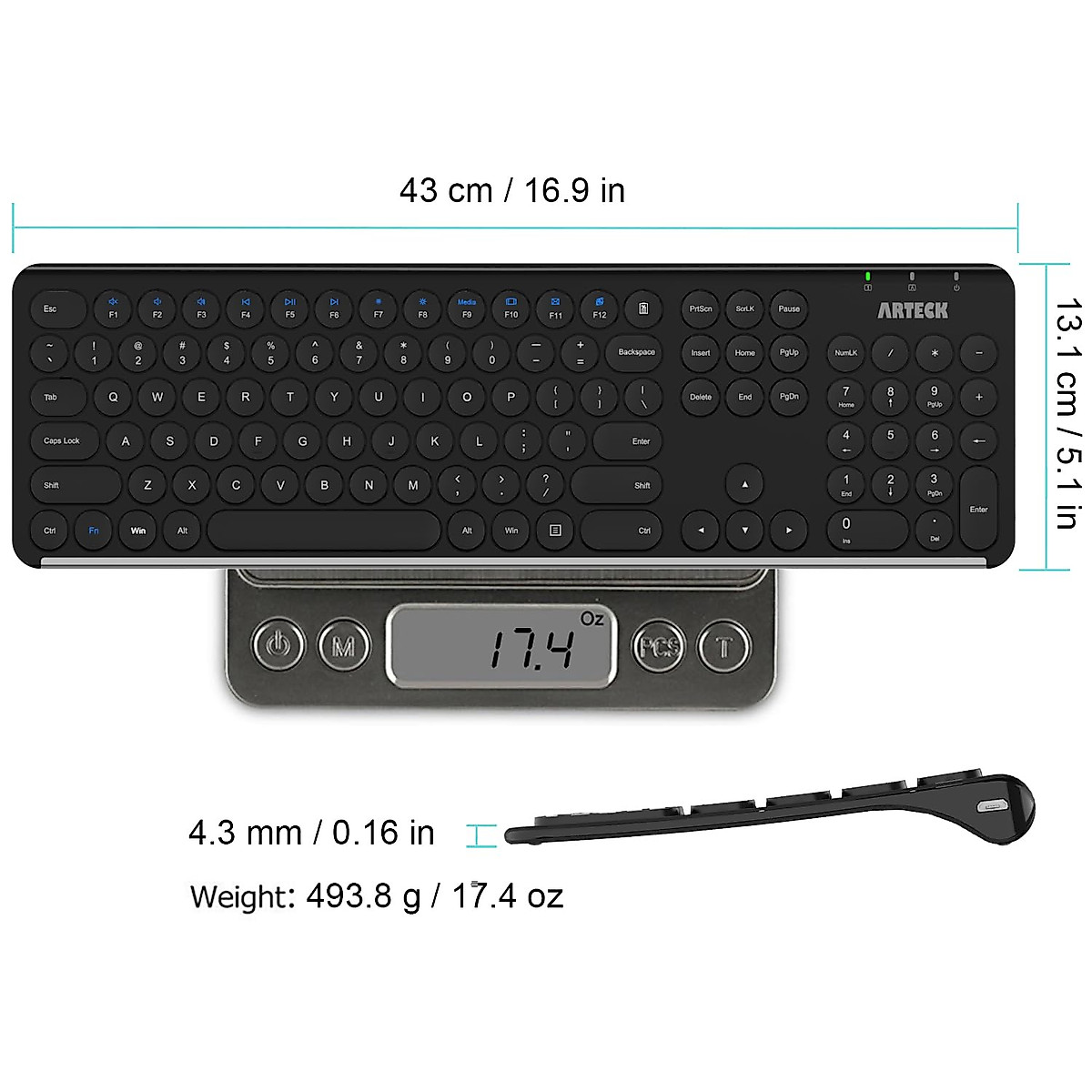 Arteck 2.4G Wireless Keyboard Stainless Steel Ultra Slim Full Size Keyboard with Numeric Keypad for Computer/Desktop/PC/Laptop/Surface/Smart TV and Windows 10/8/ 7 Built in Rechargeable Battery