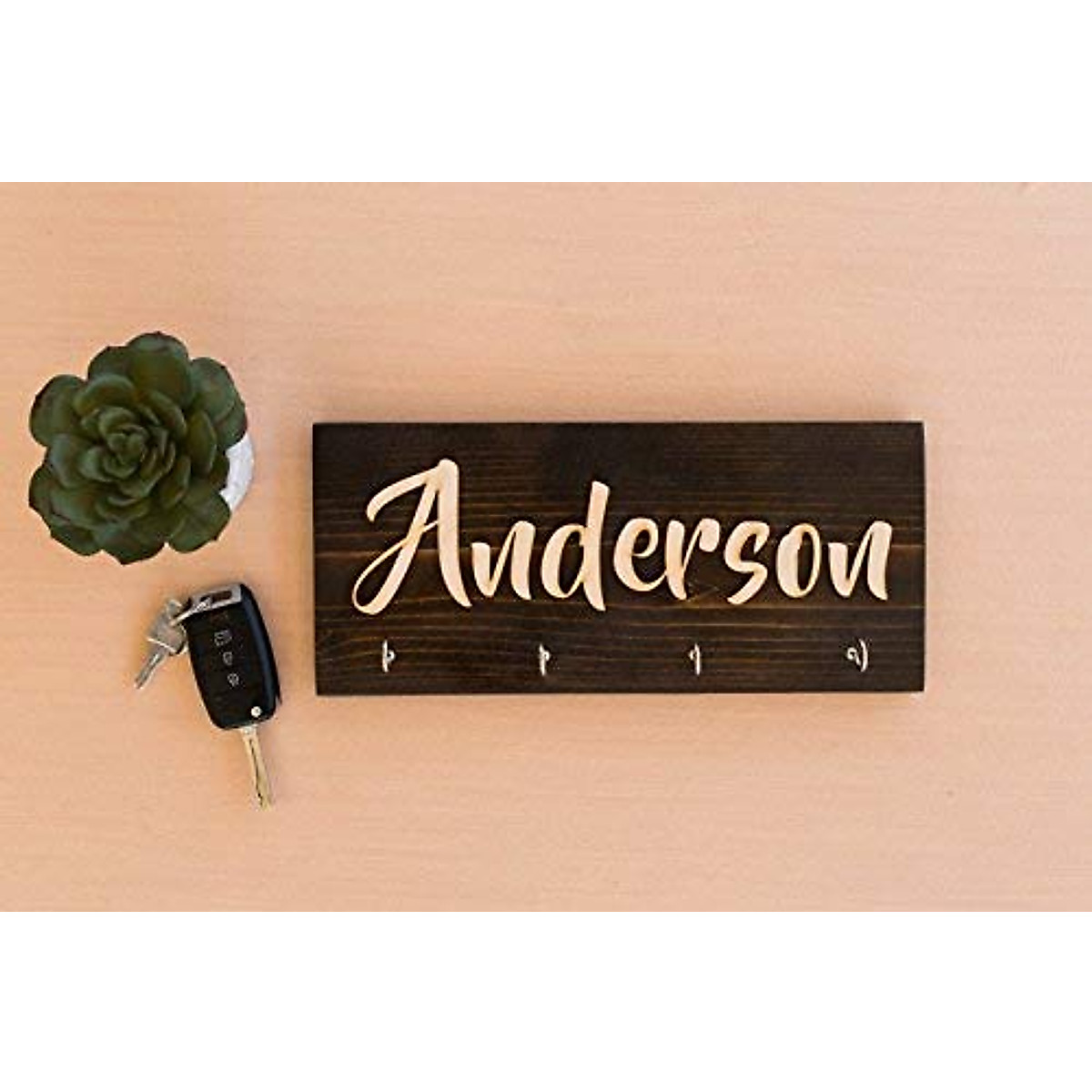 PLS Market Personalized Wall Key Hanger Unique Custom Key Ring & Jewelry Rack Holder - Customize with Your Name | Dark Rustic Natural Wood 4 Hooks Decorative Kitchen, Garage, Living, Closet