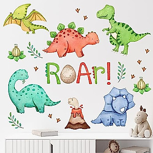 Mfault Watercolor Dinosaur Roar Wall Decals Stickers, Peel Stick Dino Stegosaurus Volcano Nursery Decorations Baby Boys Girls Bedroom Playroom Art, Neutral Tyrannosaurus Rex Kids Classroom Room Decor