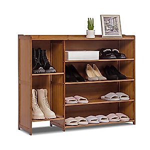 MoNiBloom Shoe Storage Cabinet with Tall Compartment, Bamboo Free Standing 5 Tier Shoe Rack for 16-20 Pairs Bedroom Entryway Hallway Home Office, Brown