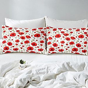 Feelyou Red Poppy Bedding Duvet Cover Set King Size Floral Flower Blossom Printed Bedding Set for Kids Boys Botanical Branches Comforter Cover Set Spring Garden Bedspread Cover,No Comforter