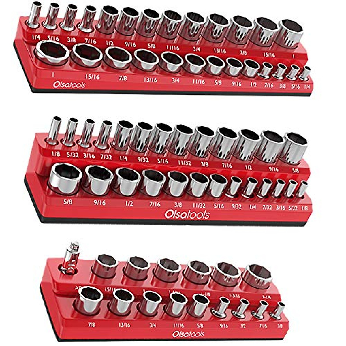 Olsa Tools Magnetic Socket Organizers | 3 Piece Set Socket Holder Kit | 1/2-inch, 3/8-inch, & 1/4-inch Drive | SAE Red | Holds 68 Sockets | Professional Quality Tools Organizer Part 1150