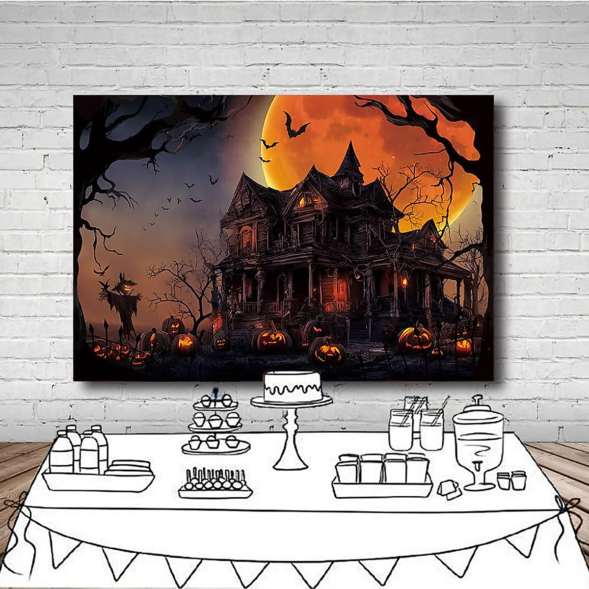 MEHOFOND 10x7ft Scary Halloween Backdrop Moon Night Full Moon Bat Scary Pumpkin Horrible Halloween Background Gloomy Woods Trees Flying Bats Scary Crows Party Decoration Banner Props