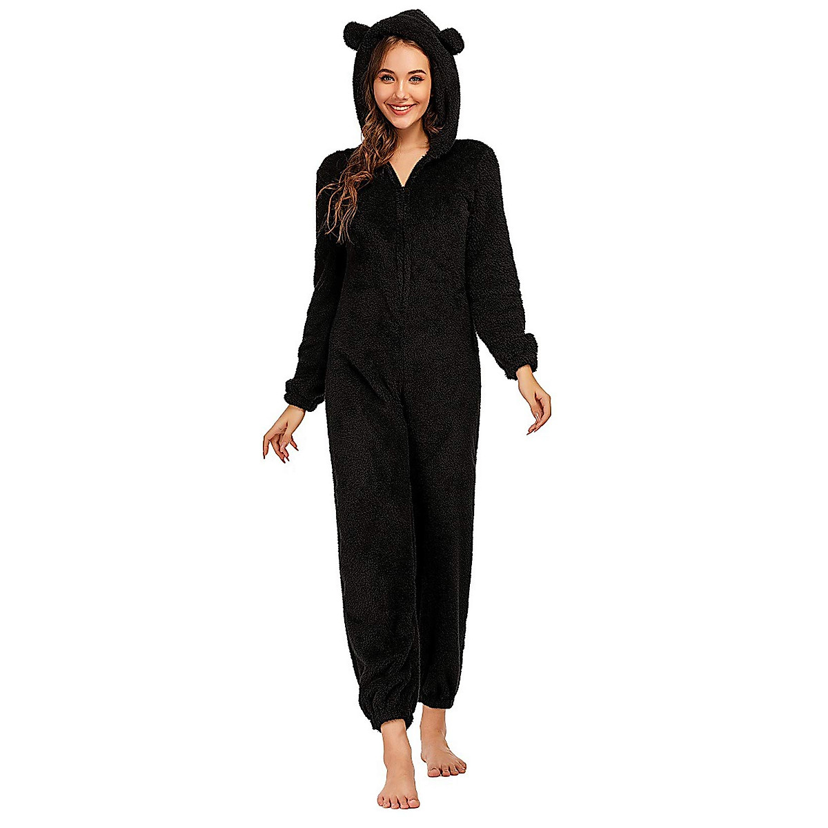 chouyatou Women's Ultra Comfy Lounge Furry Sherpa Romper Onesie Pajamas Cute Ear Hood (Large, Black)