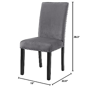 Roundhill Furniture Cobre Contemporary Velvet Dining Chair with Nailhead Trim, Set of Two, Gray