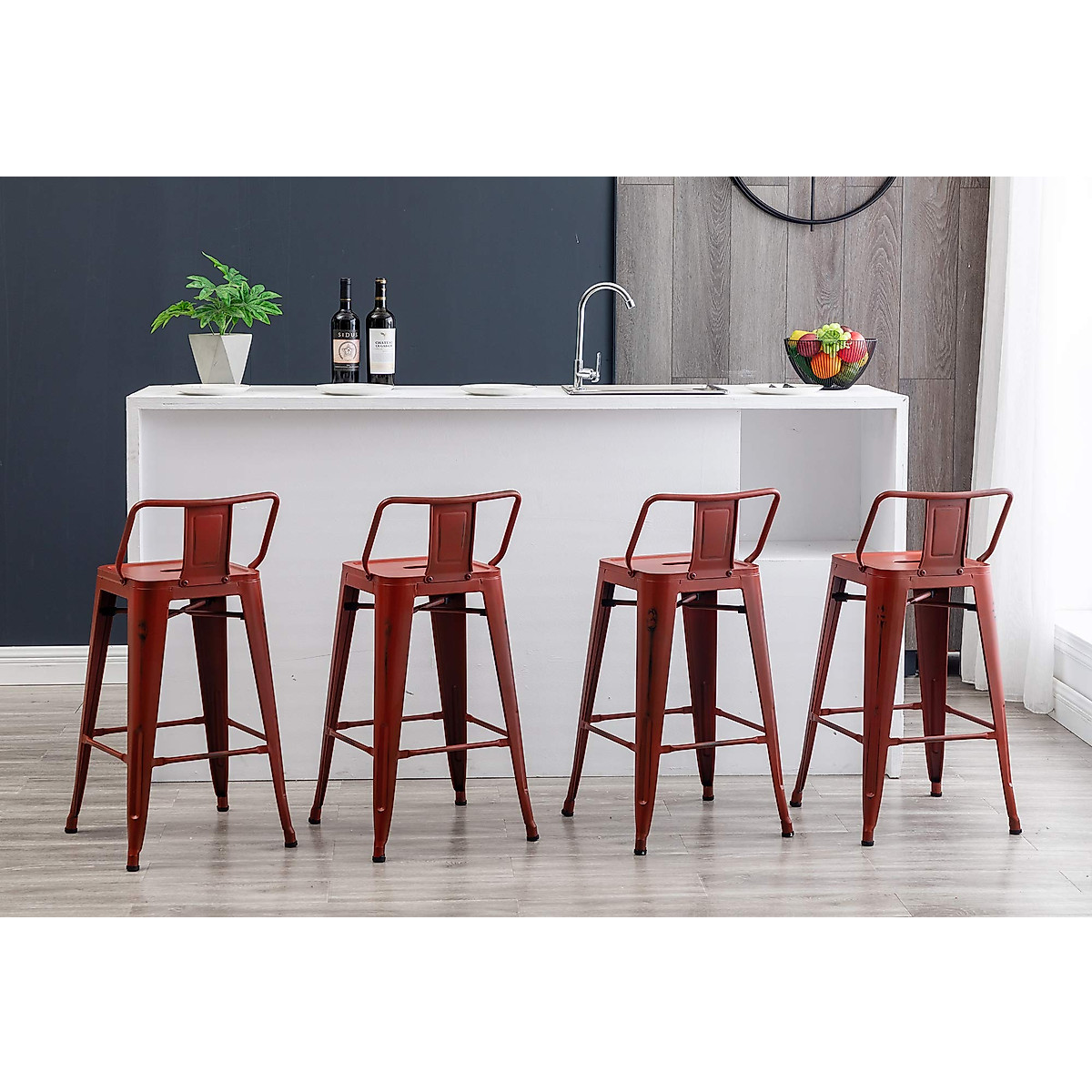 HAOBO Home 30" Metal Bar Stools Industrial Barstools Counter Height Stools for Indoor/Outdoor Barstools [Set of 4] (30", Low Back Distressed Red)