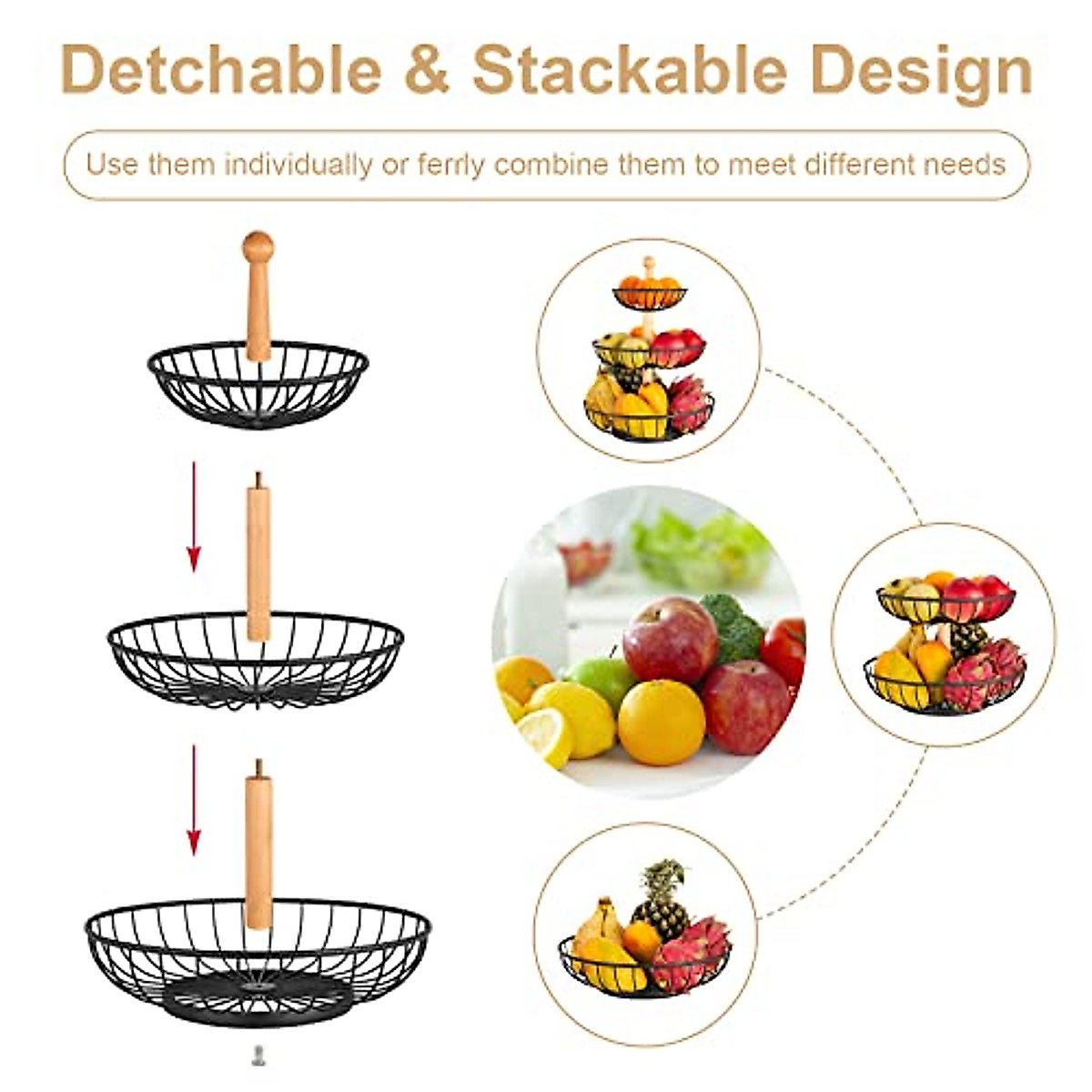 NEW POPU Fruit Basket Stand, 3 Tiered Round Fruit Bowl Vegetables Storage for Kitchen Countertop, Detachable Fruit Holder Baskets for Produce Snacks