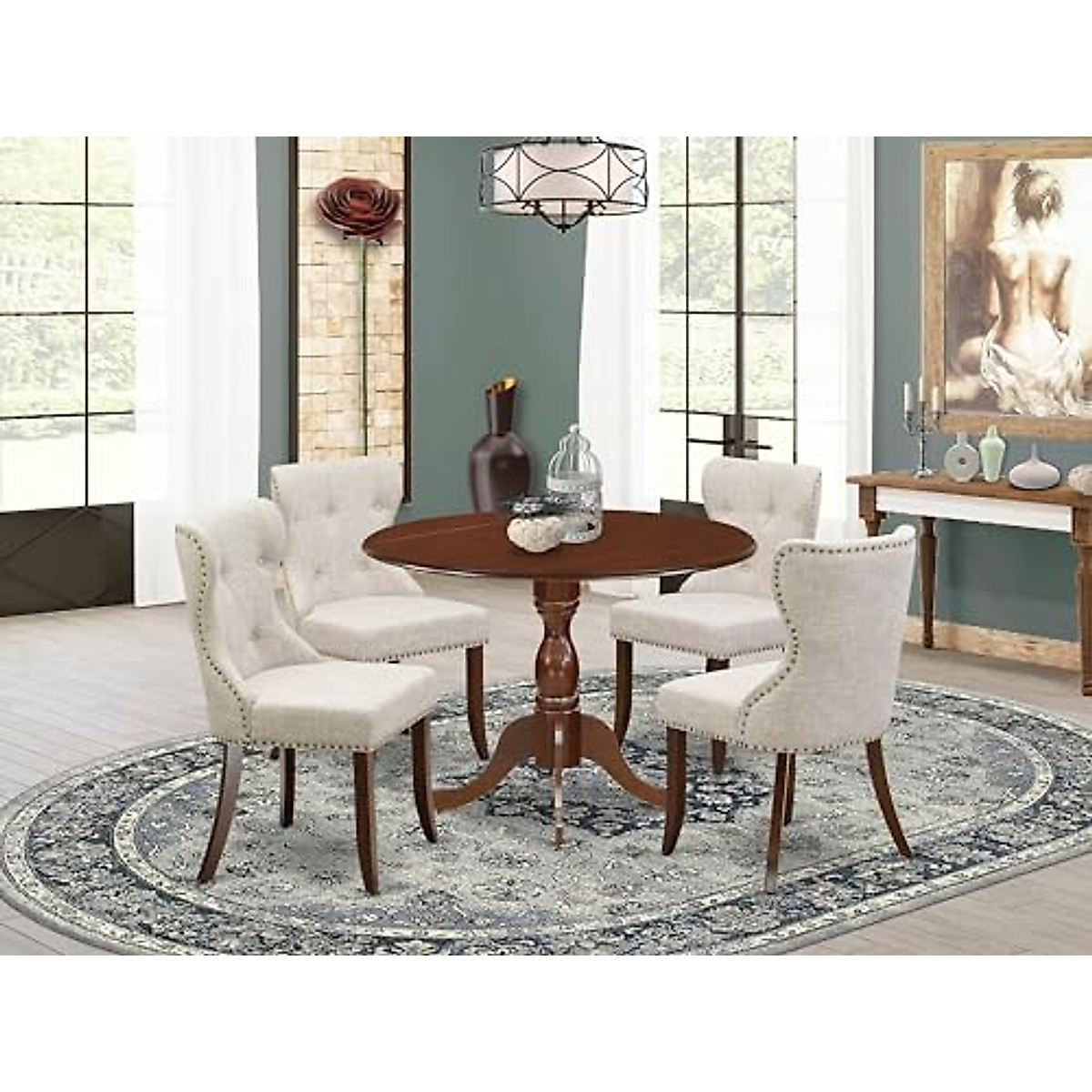 East West Furniture DMSI5-MAH-35 5 Piece Dinette Set for 4 Includes a Round Dining Room Table with Dropleaf and 4 Doeskin Linen Fabric Upholstered Parson Chairs, 42x42 Inch, Mahogany